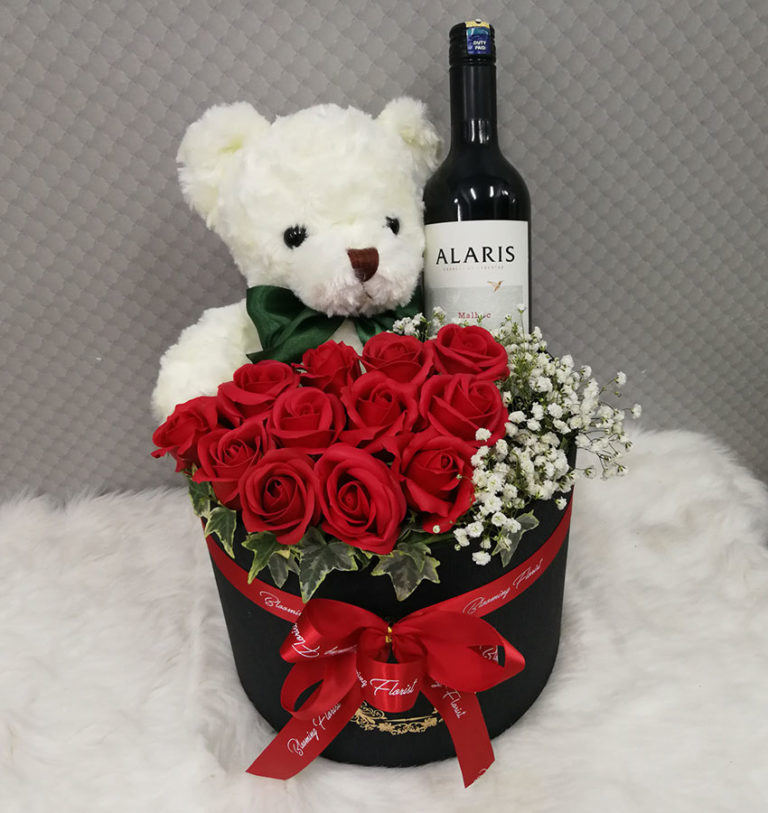12 fresh Red roses, teddy bear with wine - Blooming