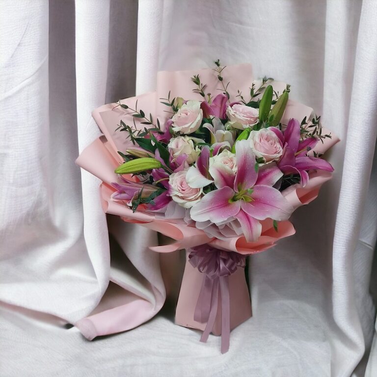 Sweet pink rose and lily hand bouquet - Blooming Florist