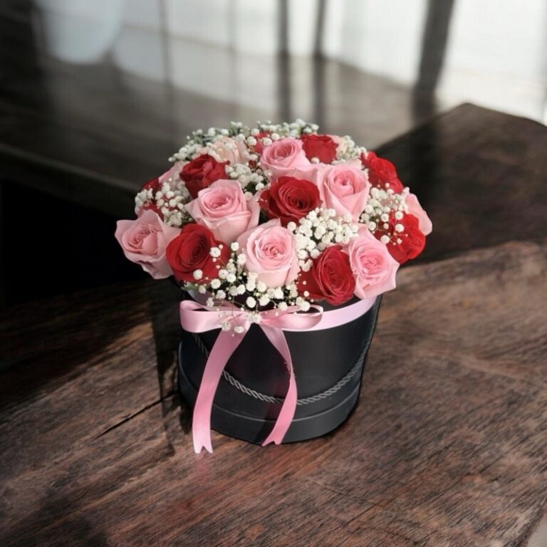 Brilliant red and pink roses in an elegant box - Blooming